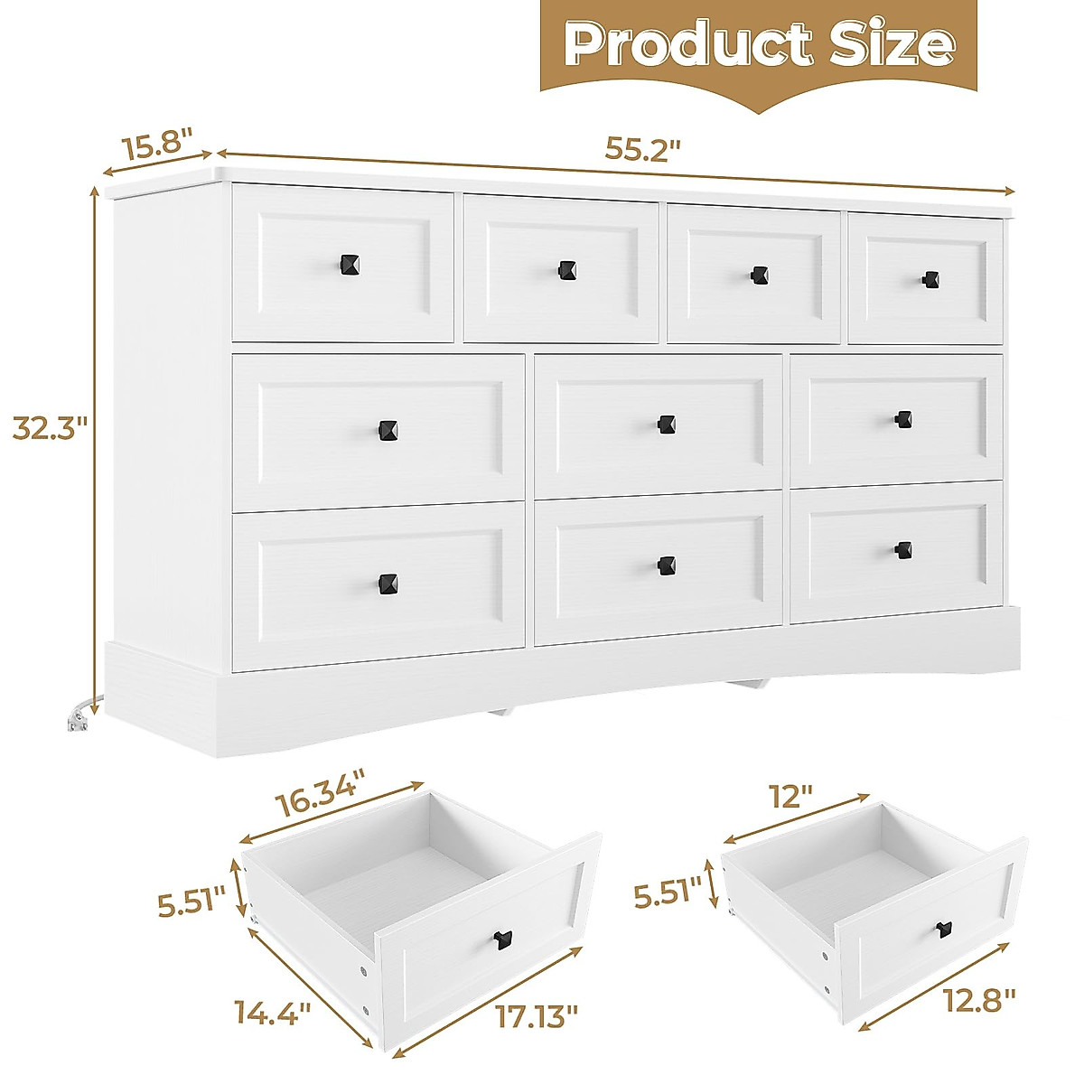 Hasuit White Dresser for Bedroom with 10 Drawers, 55.2" Long Drawer Dresser with Charging Station, Farmhouse Dresser Chest of Drawers, Large Wooden Storage Tower Organizer, Dresser for Bedroom Closet