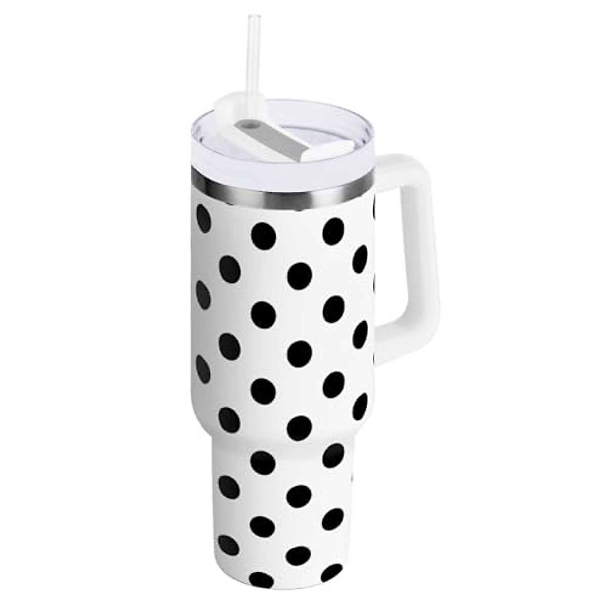 Black White Polka Dot Print Tumbler with Handle and Straw Lid, 40 oz Insulated Coffee Cup Stainless Steel Water Bottle Travel Mug Cupholder Friendly,Gifts for Women Men
