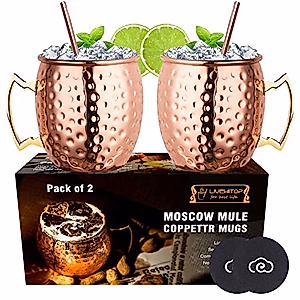 LIVEHITOP Moscow Mule Copper Mugs Set of 2, Copper Cups 19.5 Oz Cocktail Kit with Straw Coaster for Wine, Beer, Cold Drink, Bar, Party, Gifts