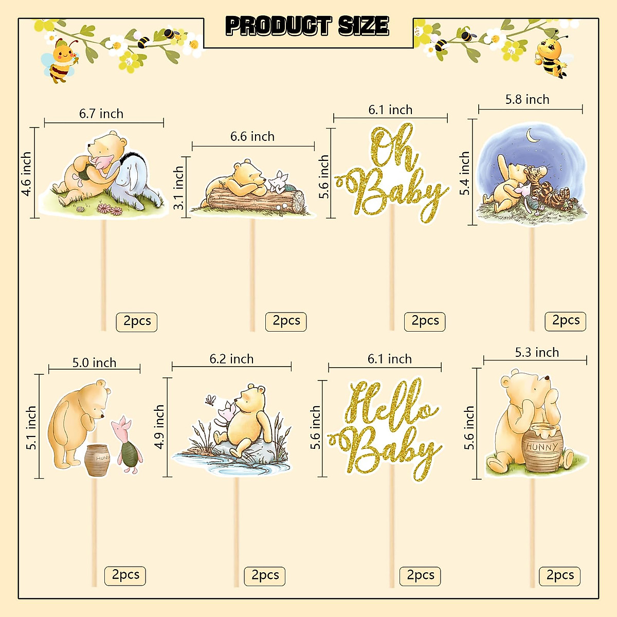 MEMOVAN 16pcs Classic The Pooh Centerpieces for Baby Shower Decorations Winnie Centerpieces Sticks Oh Baby Winnie Table Toppers for Winnie Birthday Party Supplies