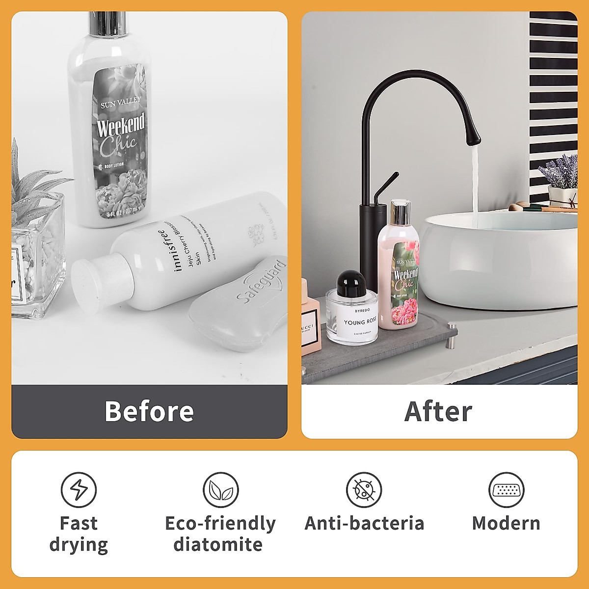 Water Absorbing Stone Tray for Sink, Stone Drying Mat for Kitchen Counter, Diatomite Tray Used for Hand Soaps & Plants & toiletries in The Modern Home, Fast Drying Sink Caddy(Grey)