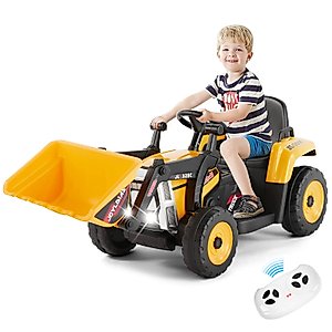 JOYLDIAS 12V Ride On Excavator with 2.4GHz Remote Control, Electric Construction Vehicle Bulldozer for Kids Digger with 3 Speeds, Bluetooth, Microphone Jack, Music, Lights, Yellow