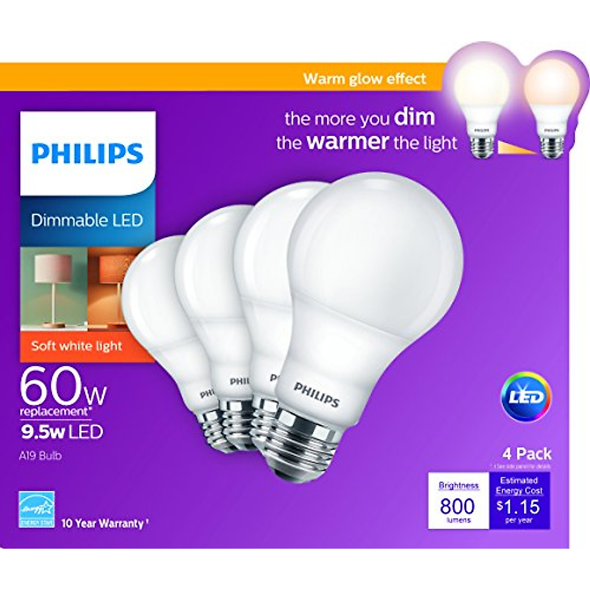 Philips LED Dimmable A19 Light Bulb with Warm Glow Effect 800-Lumen, 2200-2700 Kelvin, 9.5-Watt (60-Watt Equivalent), E26 Base, Frosted, Soft White, 4-Pack