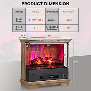 COSTWAY Electric Fireplace with 3-Sided Glass 27-inch Wide, 1400W Freestanding Fireplace Heater with Remote Control, 7-Level Vivid Flame, Thermostat, 0.5-6H Timer, Overheating Protection, Natural