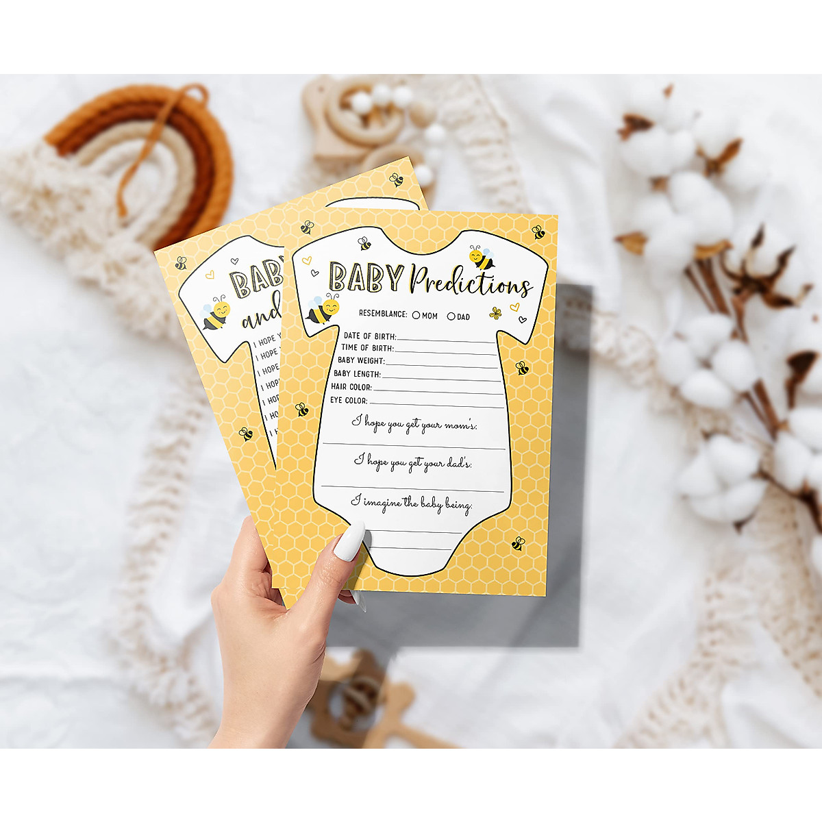 Your Main Event Prints Baby Shower Games Advice, Wishes, and Prediction Cards (Neutral Bee Yellow) - 50 Pack Gender-Neutral Baby Shower Activity for Guests