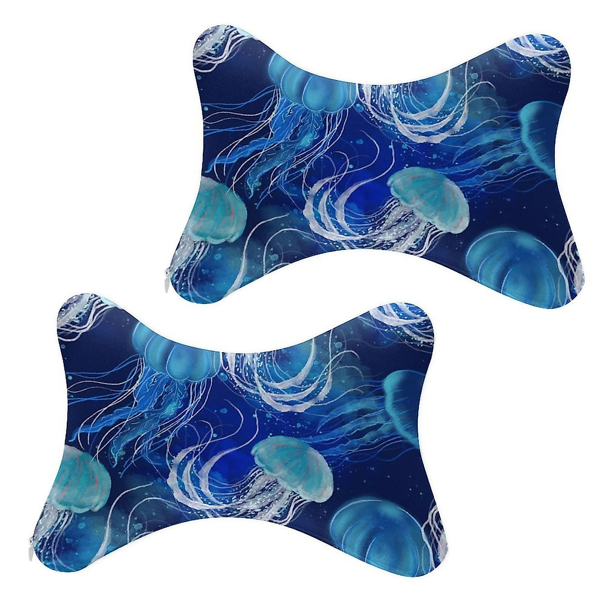 MZERSE Car Seat Head & Neck Rest Pillow - Auto Headrest Bone Shape Pillow Cushion Soft and Comfortable for Travel, 2 Piece Compatible with Underwater Blue Jellyfish