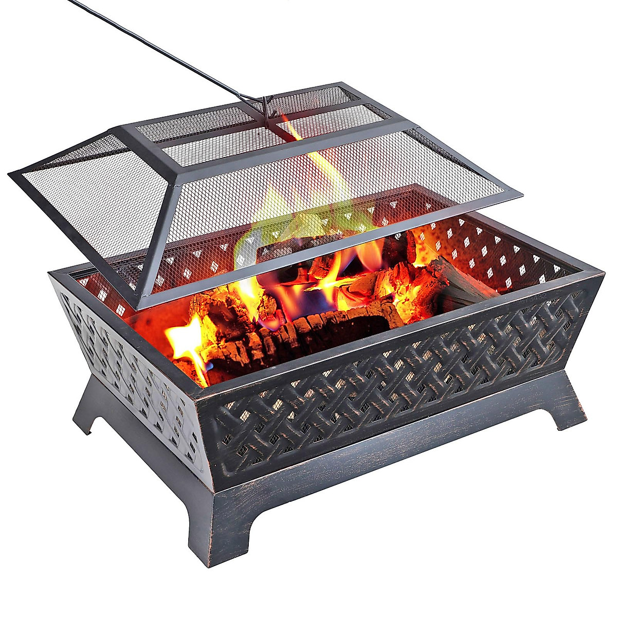 Sophia & William Outdoor Wood Burning Fire Pit Rectangle 33.9" Lx24.0 Wx12.6 H Heavy Duty,Large Patio Steel Bonfire BBQ Grill Firepit with Mesh Spark Lid and Fire Poker for Outside Backyark, Bronze