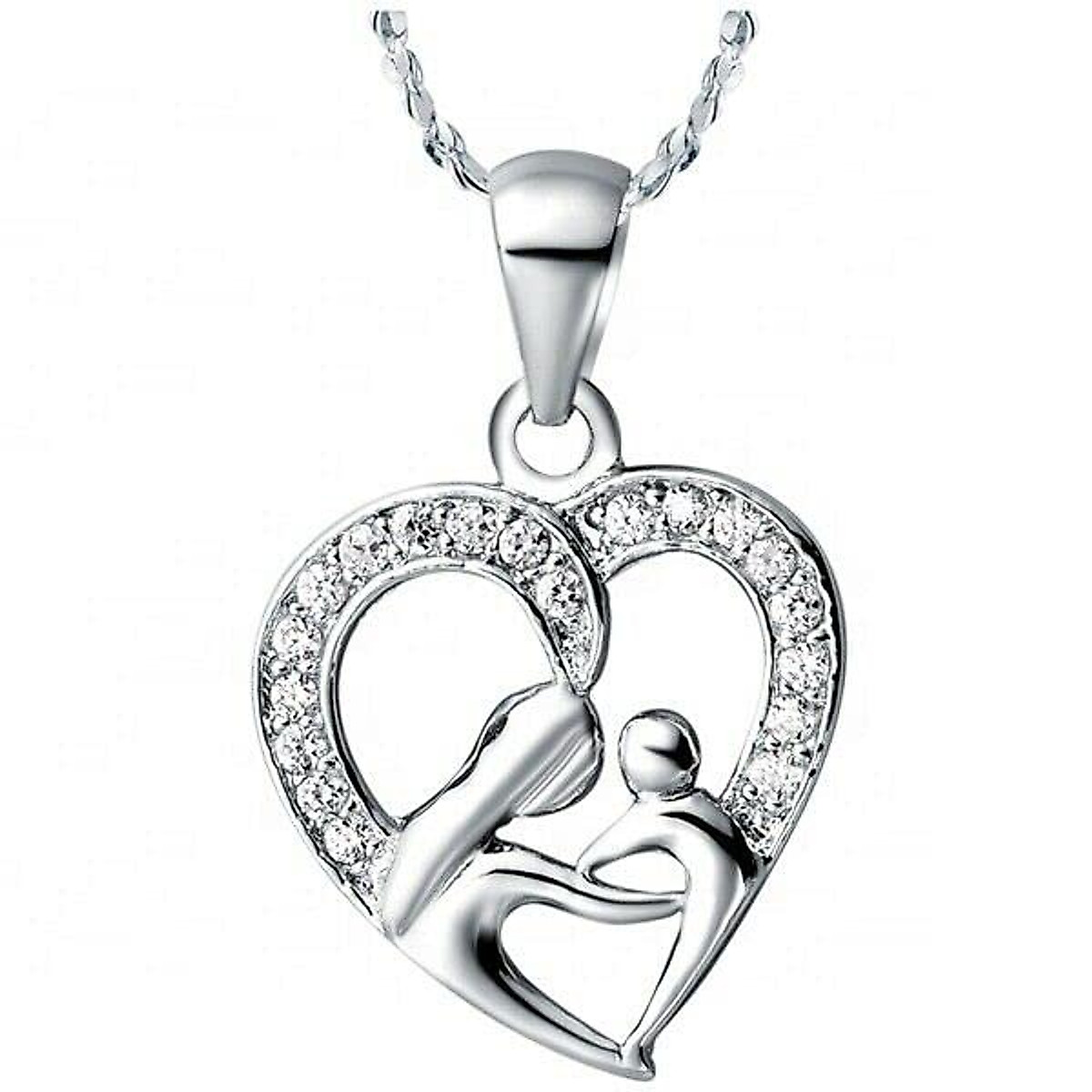 Navnita Jewellers 1.00 Ct Round Cut Diamond Mom-Child Heart Pendant Necklace With 18" Chain 14k White Gold Plated