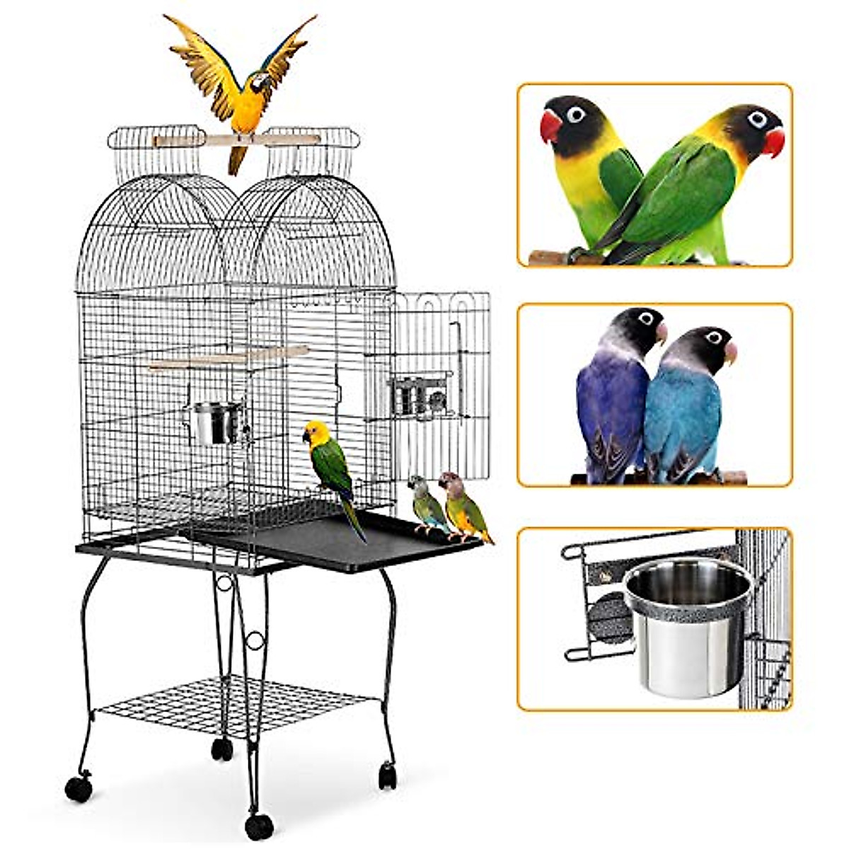 IKAYAA Large Bird Cage, Bird Cage for Parakeets, Cockatiel Cage, Parrot Cage, Medium Dome Open Top Bird Cage for Parrots, with Stainless Steel Bowl & Lockable Wheels
