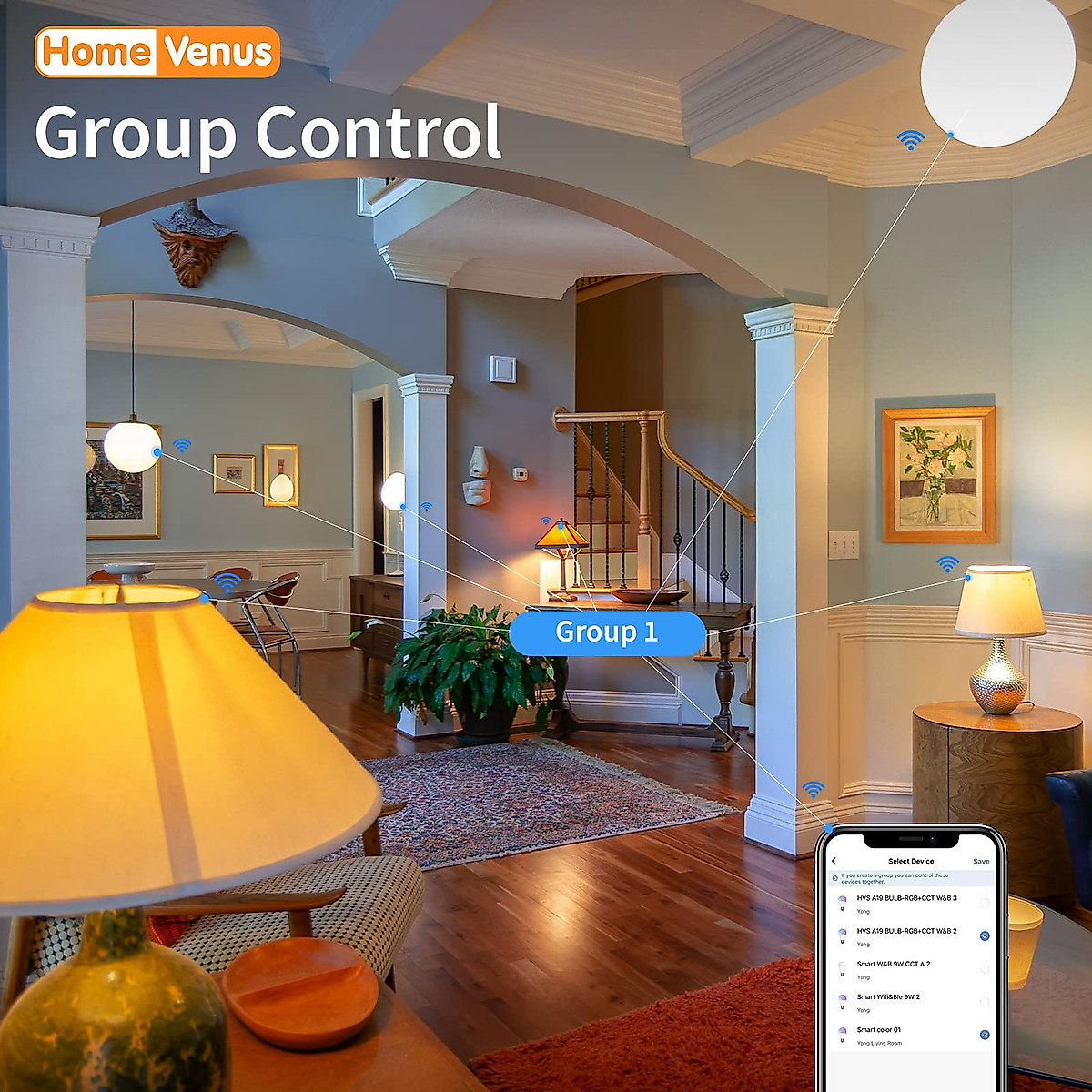 Homevenus HVS Smart Light Bulbs,9W A19 E26 Dimmable Tunable Cool Warm White LED Light Bulb 2500k-6500k, APP Control 2.4GHz WiFi Bluetooth Assist Connection, Work with Alexa/Google Assistant 4 Pack