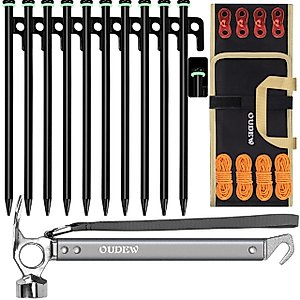 OUDEW Tent Stakes and Hammer Set,10pcs 10 in Heavy Duty Metal Tent Stakes + 12in Camping Hammer + Reflective Camping Rope + Storage Bag,Camping Accessories for Ground,Camp and Graden(Black)