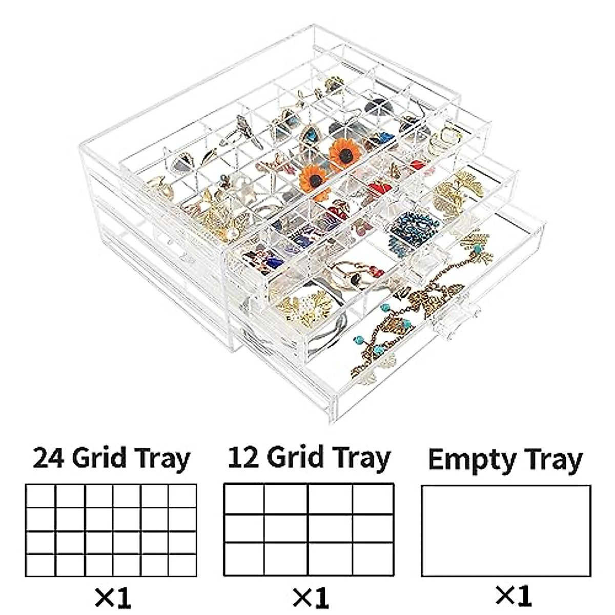 Ptaedex Jewelry Organizer Box, Acrylic Jewelry Holder Clear Jewelry Storage with 3 Drawers for Women Girls Men