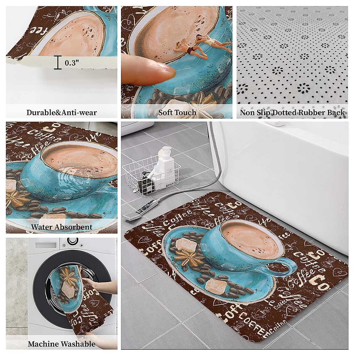 Coffee Kitchen Rugs Set 2 Piece 18x30in+18x47.2in, Non-Slip Kitchen Mats Set Rubber Backing Indoor Entry Door Mat Carpets - Vintage Blue Coffee Cup Beans Sugar Lump Brown