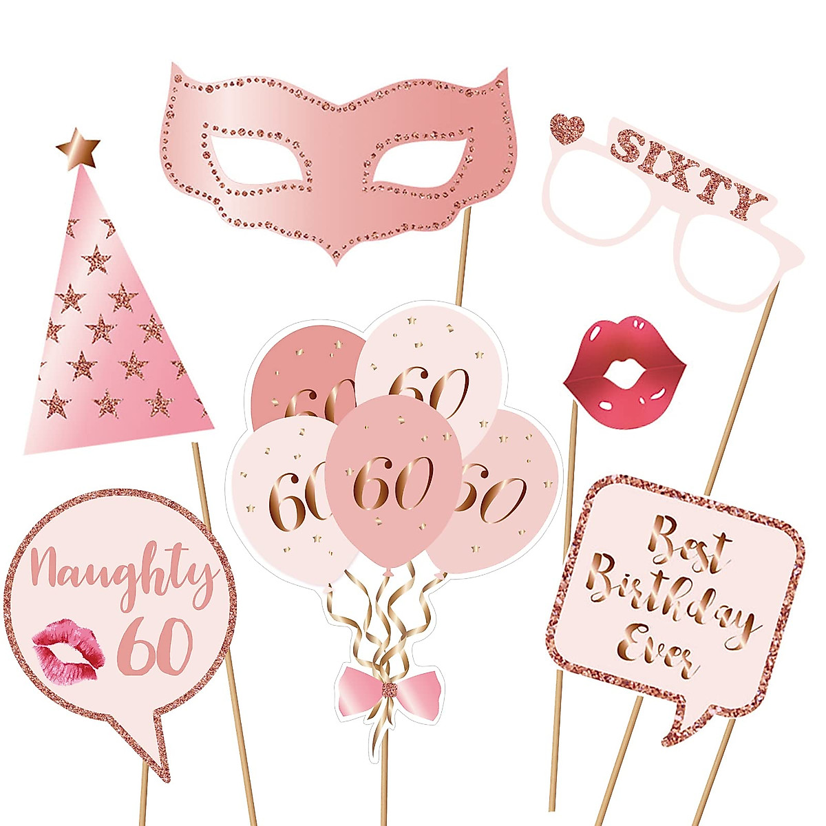 60th Birthday Party Photo Booth Props and Signs, Rose Gold 60 Birthday Party Selfie Props Kit with Sticks for Girls Women, Sixty 60th Happy Birthday Party Decorations Supplies Favors