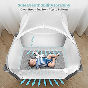 Pro Baby Safety Premium Pack n Play Tent, Mini Crib Tent to Keep Baby from Climbing Out, Auto Pop Up Pack and Play Tent with Auto-Lock Zippers, Thick Velvety Breathable Mesh (Geometric Cubes)