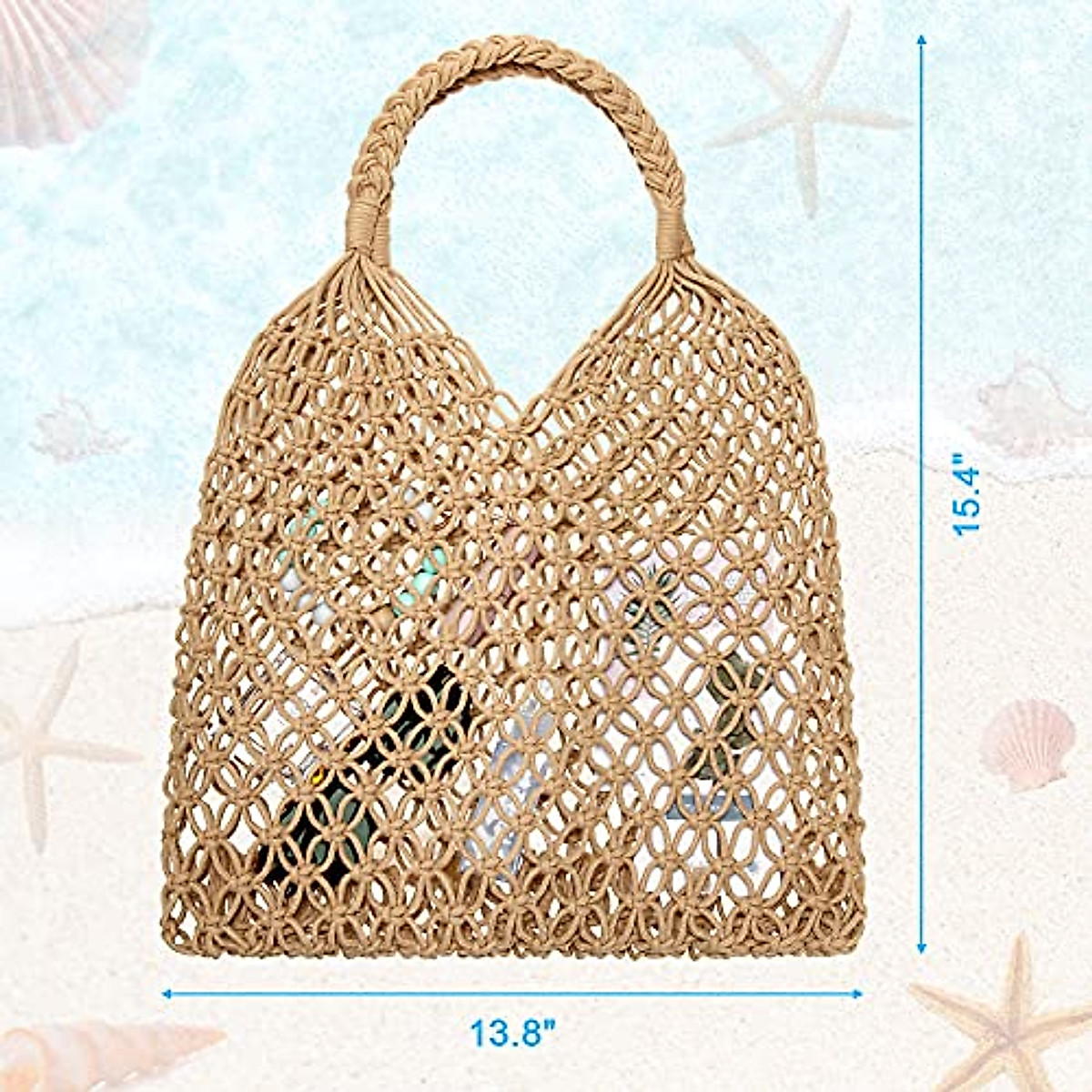 Women's Straw Bag Straw Beach Bag Straw Tote Beach Straw Handbag Handmade Fishing Net Travel Beach Handbag Shopping Woven Straw Bags for Girls Ladies Supplies