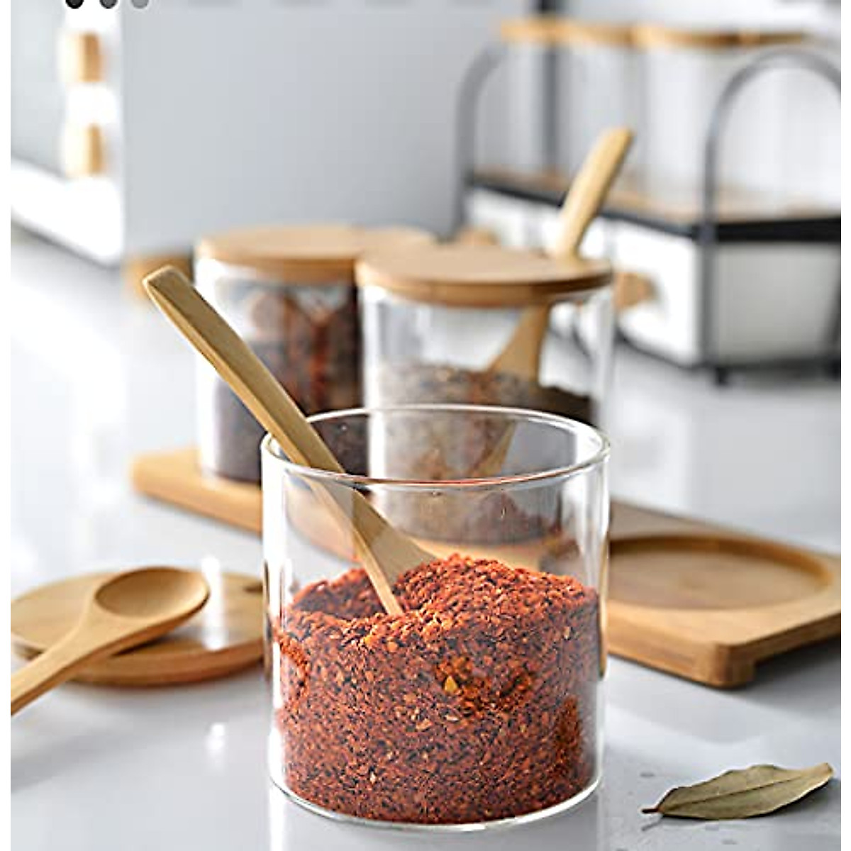 Lawei Set of 3 Condiment Jar with Lids and Spoons - Glass Sugar Bowls Sugar Salt Container Set for Sugar Serving Spice Salt