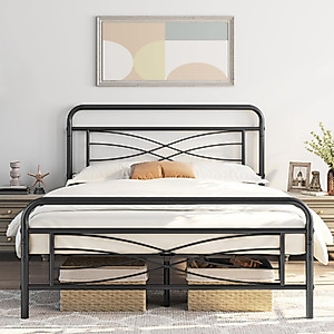 Yaheetech Queen Bed Frames Metal Platform Bed Mattress Foundation with Criss-Cross Design Headboard, Ample Underbed Storage Space, Heavy Duty Slat Support, No Box Spring Needed, Queen Size Black