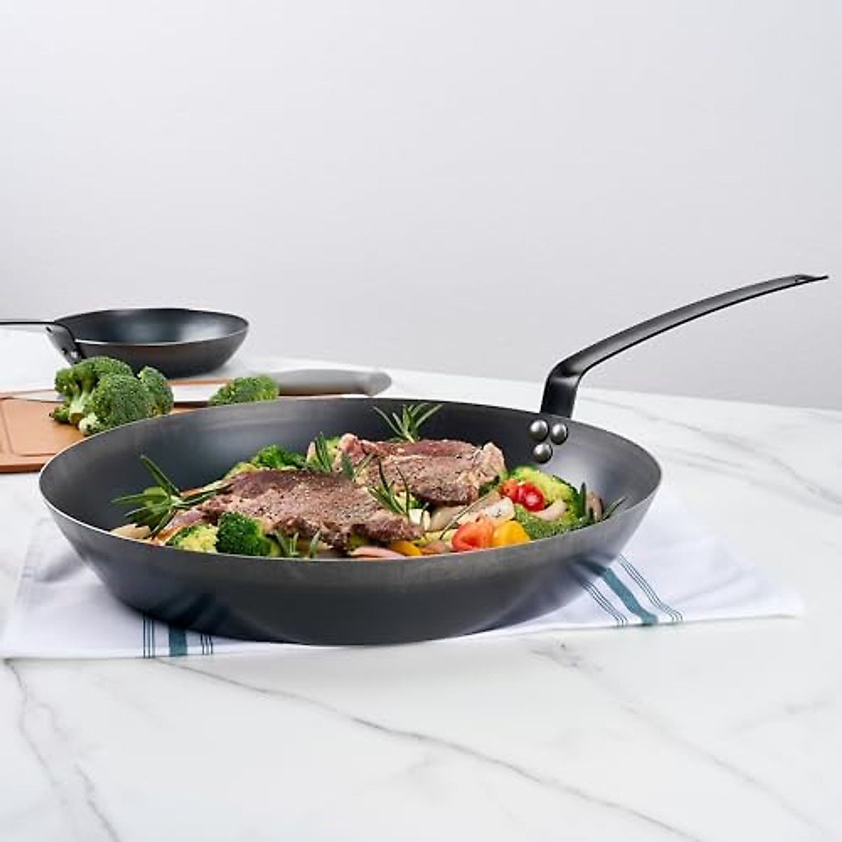 Restaurantware Met Lux 16 Inch Fry Pan, 1 Lightweight Frying Pan - Induction-Ready, Triple-Riveted, Black Carbon Steel Cooking Skillet, Durable, For Searing, Sauteing, And Browning Food