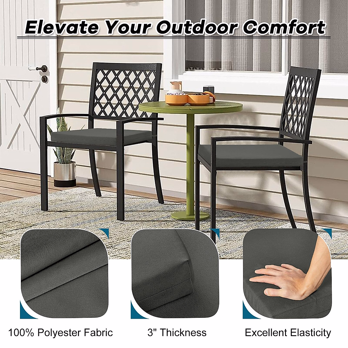 Basic Beyond Outdoor Chair Cushions Set of 4, Square Corner Outdoor Cushions for Patio Furniture, Water Resistant Patio Chair Cushions with 2 Ties, 18.5x16x3, Charcoal Grey