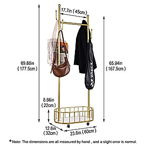 Gold Metal Garment Rack with Lockable Wheels and Bottom Storage Basket, Ideal for Home and Commercial Use in Hallway, Bedroom, Living Room, Balcony, Office, and Shop (Gold)