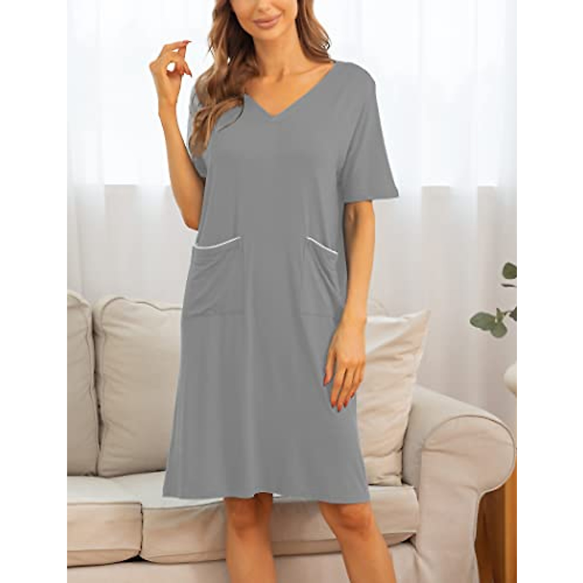 YYA Women's V Neck Nightgowns Short Sleeve Loose Sleepwear with Pocket Comfy Nightshirt Grey