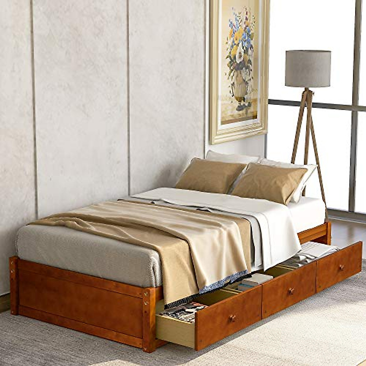Twin Size Bed with 3 Storage Drawers, Solid Wooden Twin Platform Bed with Support Slats, Twin Bed Frame for Kids Teens, No Box Spring Needed (Twin, Oak)