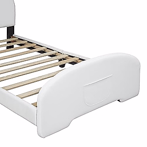 YSWH Twin Size Upholstered Bear Shaped Platform Bed, Wood Platform Bed Frame with Bear Ears Headboard and Pocket on The Footboard, Kids Bedroom Furniture Fun Cute Bear Bed Cartoon Bed (White)