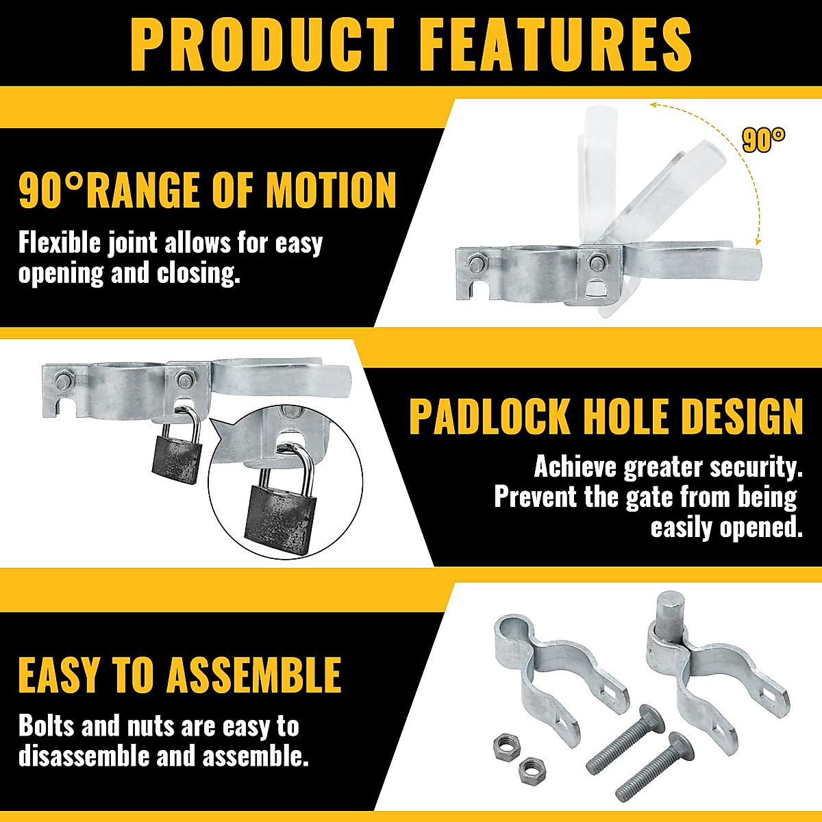 VIVIDA 1-3/8" x 2-3/8" Chain Link Gate Hinge Latch Kit, Include Female & Male Gate Hinges, 1-3/8" x 2-3/8" Fence Fork Latch, Chain Link Fence Hardware, Galvanized Steel