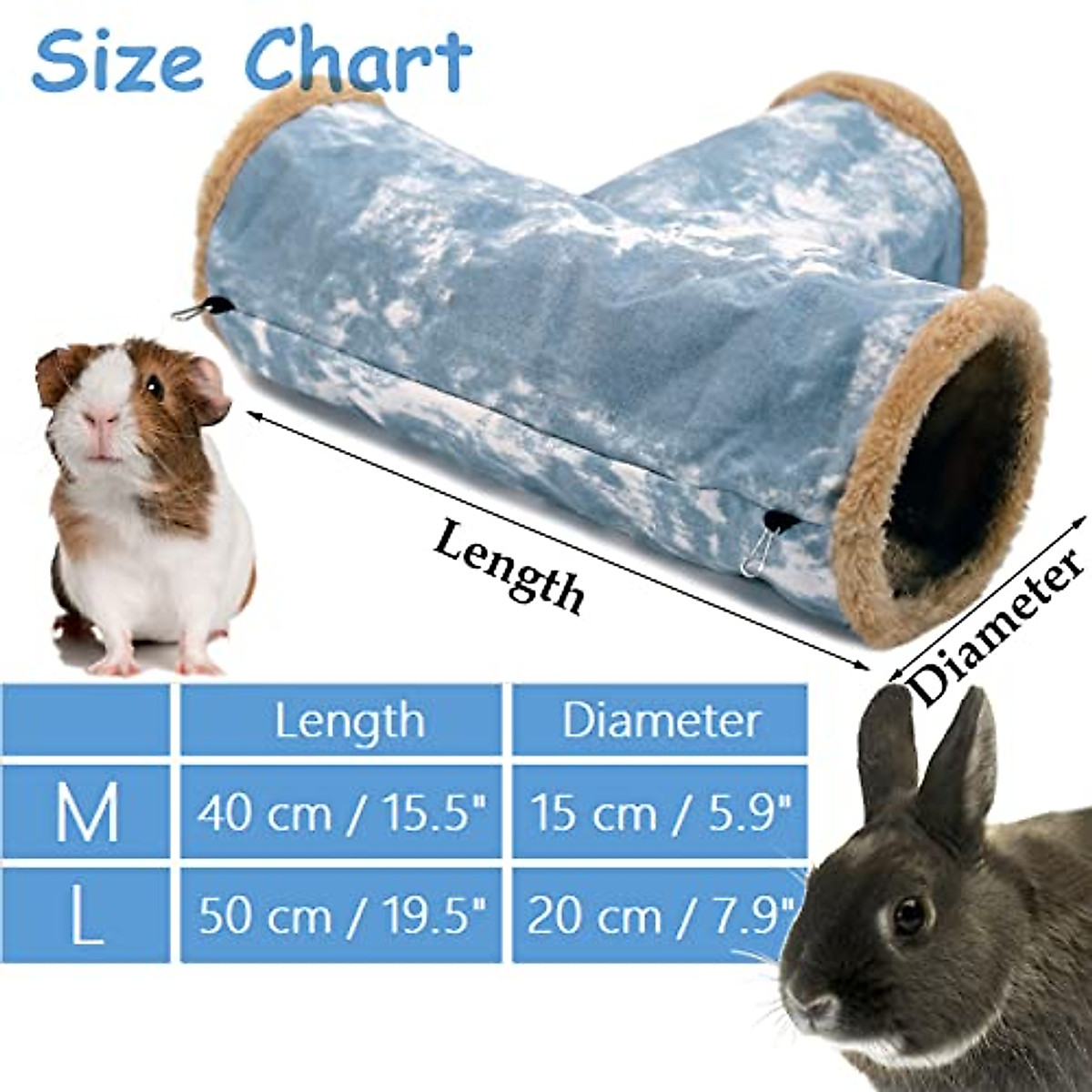 LeerKing Guinea Pig Tunnel 3 Way, Small Animal Hideout Toy Washable Canvas Fleece Tube Play Tunnel for Rats Ferret Bunny Gerbil Sugar Glider Chinchilla , Blue