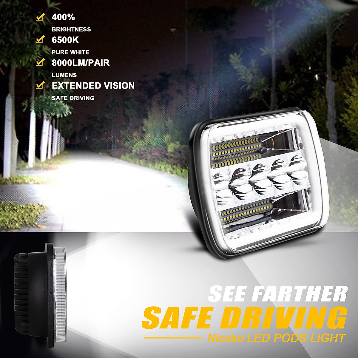 Nicoko H6054 Led Headlights 5x7 7x6 Led Headlamp High/Low Sealed Beam with RGBW Halo Function for Wrangler Cherokee YJ XJ Ford E250 GMC Dodge Truck Van with H4 Plug pack 2