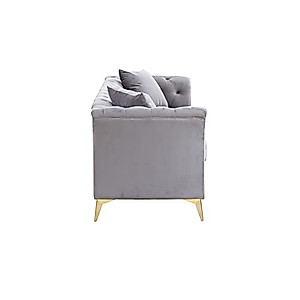 RUNWON 3 Seater 84.6'' Modern Chesterfield Curved Sectional Sofa Tufted Velvet 3 Seat Couch Button Tufed with Scroll Arms and Gold Metal Legs for Small Space Apartment Living Room, Grey