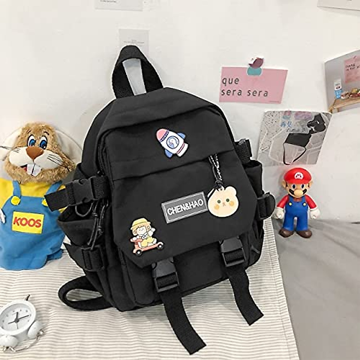 PEXIZUAN kawaii backpack girl school bag waterproof nylon with kawaii pendant cute pin mini backpack(black)