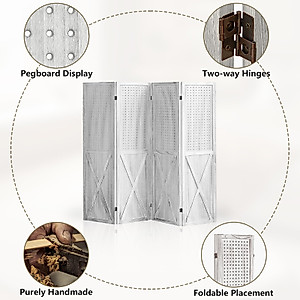 Leesinwing 4 Panel Pegboard Display, 5.6Ft Wood Room Dividers and Folding Privacy Screens, Peg Board Room Divider, Portable Display Board Organizer for Art, Jewelry, Crafts Display Racks, Off White