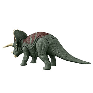 Mattel Jurassic World Dominion Roar Strikers Triceratops Dinosaur Action Figure with Roaring Sound and Attack Action, Toy Gift Physical & Digital Play