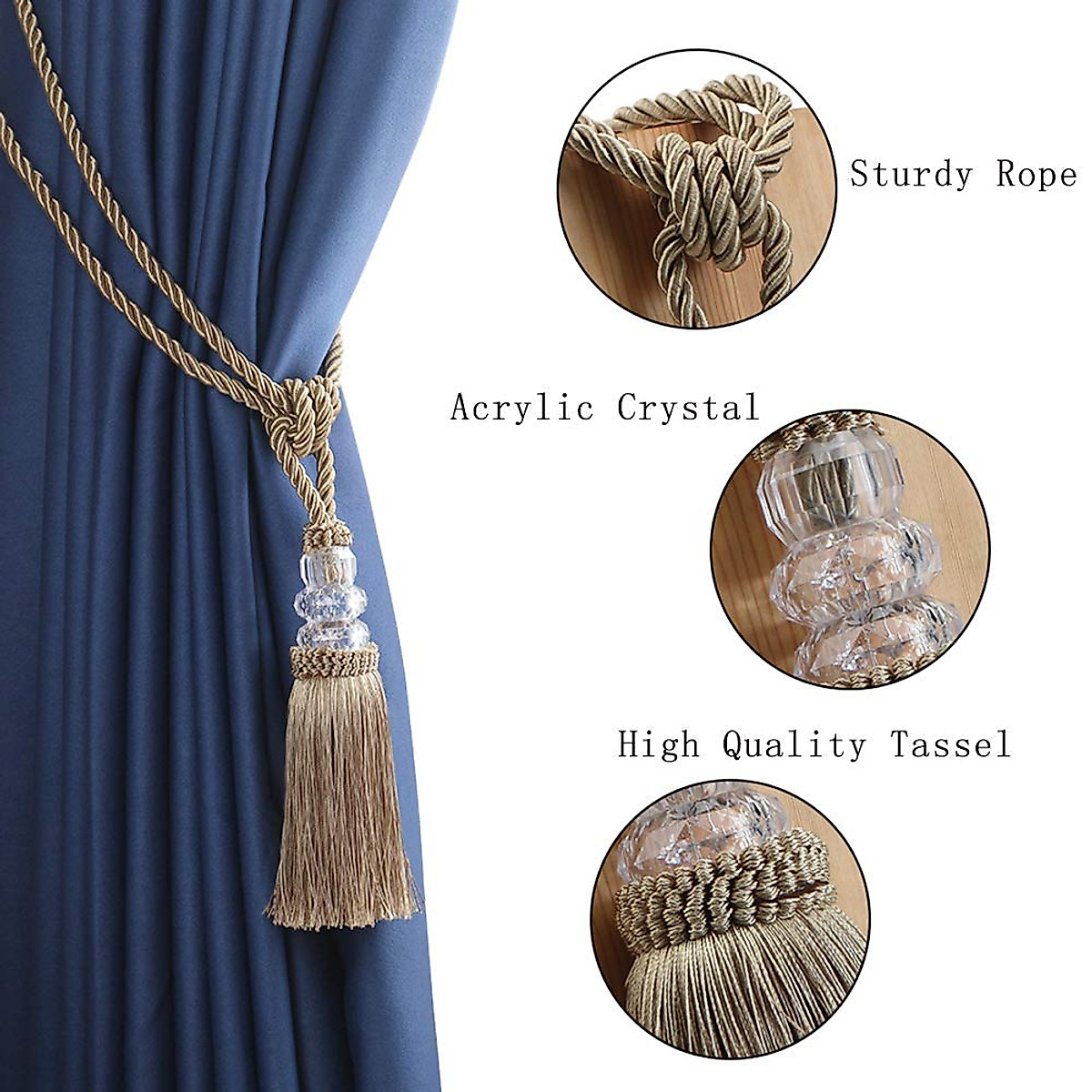 BEL AVENIR 4 Pack Curtain Hand-Woven Tiebacks Crystal Holdbacks Home Decorative Tassels (Golden, 4 Pack)
