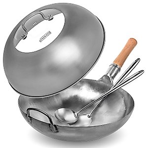 YOSUKATA Silver Round Bottom Wok Pan – 14" Woks and Stir Fry Pans + Wok Lid 13.6 Inch + 17’’ Wok Spatula and Ladle