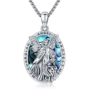 Brisskaari Blue Opal/Abalone Shell Guardian Angel Necklace 925 Sterling Silver Oval Guardian Angel Medal Pendant Religious Angel Medallion Catholic Jewelry Gift for Men Women (Green)
