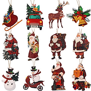 12 Pieces Christmas Hanging Ornaments Vintage Retro Tree Decorations Wooden Tree Ornaments Handmade Santa Snowman Reindeer with Hanging String for Christmas Home Party Decorations