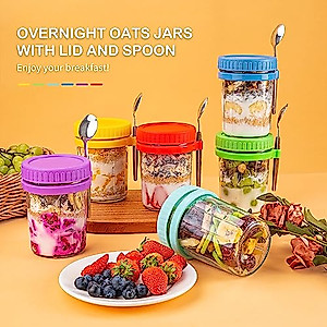 Overnight Oats Jars with Spoon and Lid (15 oz6Pack), Airtight Oatmeal Container with Measurement Marks, Mason Jars with Lid for Cereal On The Go Container (6Pack)