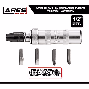 ARES 70606-1/2-Inch Manual Reversible Impact Driver - Flathead 5/16 & 3/8 and Phillips #2 & #3 Bits for Most Common Applications - Disengage Brake Caliper Screws, Rusted Fasteners or Frozen Bolts