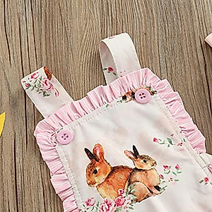 Amberetech Infant Easter Outfit Baby Girls Romper Toddler Bodysuit Cute Sleeveless Ruffle Bunny Printed Jumpsuit Clothes (12-18 Months, Pink)