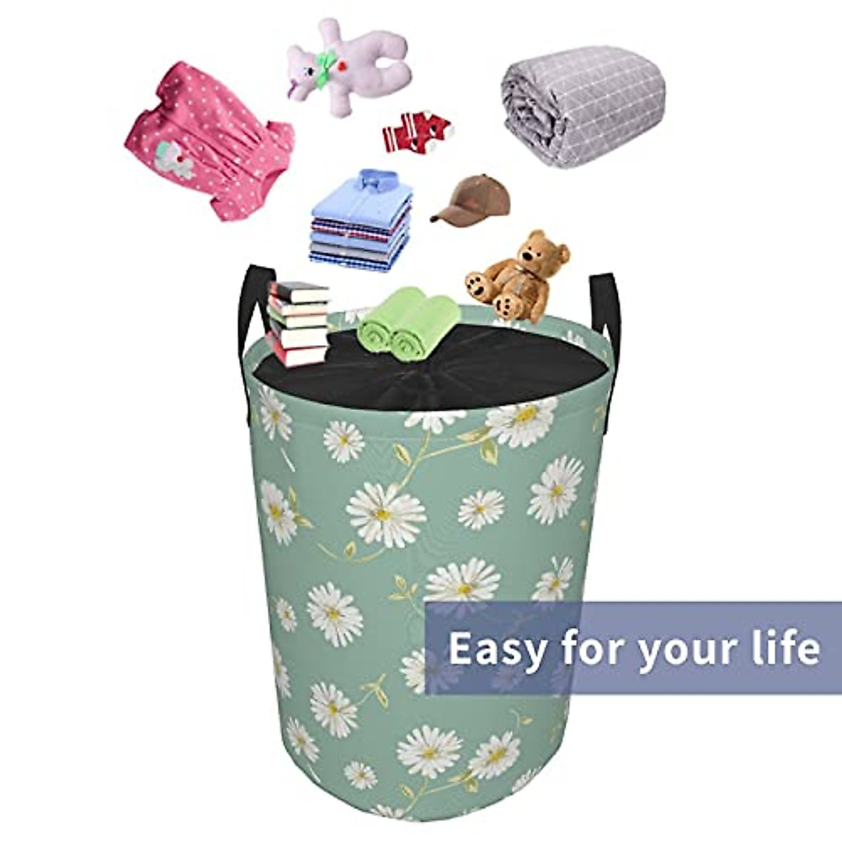 Laundry Hamper Basket Green White Daisy Flower Clothes Sorter Bin Lid Household Organizer Toy Garment Sturdy With Handle Collapsible For Home Laundromat Dorm Bathroom
