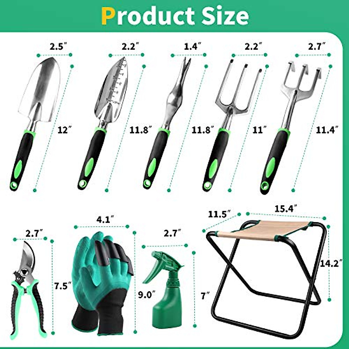 Yongkist 9 PCS All-in-one Garden Tools Set, Heavy Duty Cast-Aluminium Alloy Gardening Tools Kit with Folding Stool Seat&Detachable Canvas Tool Bag , Non-Slip Rubber Grip, Outdoor Hand Tools