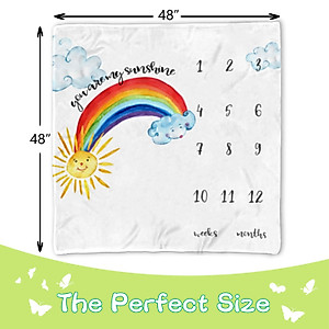 QICAIYUN Baby Monthly Milestone Blanket, Rainbow Theme Baby Month Blanket for Baby's, First Year Calendar Growth Chart, 48''x48'' YUN007