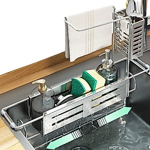 ParkNbuy Expandable Kitchen Sink Caddy Sponge Holder,Stainless Steel Telescopic Sink Storage Rack,Over Sink Adjustable Sponge Holder for Kitchen Sink with Dishcloth Towel Rack,Black