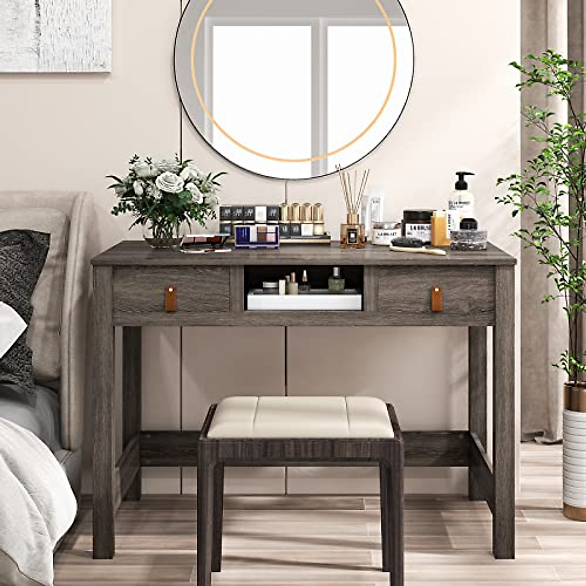 Tangkula Mid-Century Computer Desk with 2 Storage Drawers, Modern Home Office Desk with Storage Cubby, Study Writing Desk, Compact Laptop PC Desk Workstation, Wooden Vanity Desk for Bedroom (Grey)