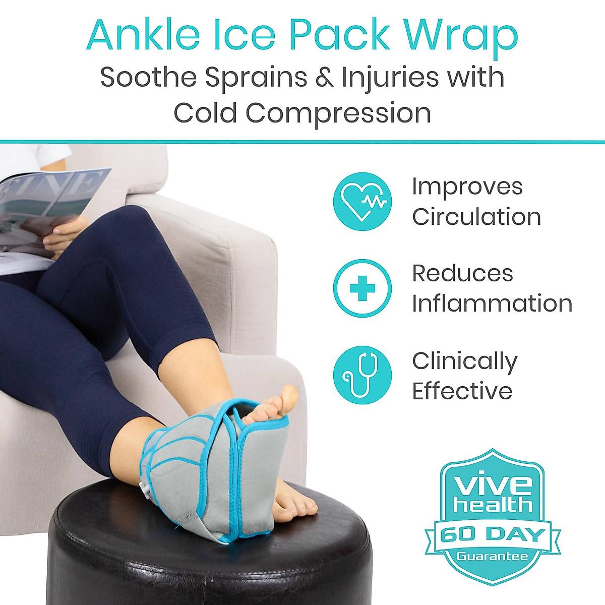 Vive Compression Ankle Ice Pack Wrap for Foot Pain Relief - Soft Cold Brace for Recovering Injuries - Support for Swelling, Sprains, & Fractures - Filled with Reusable Gel, Fits Small & Large Feet