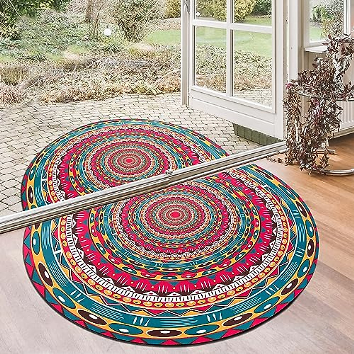 ROOSFEINE (2 PCS) Boho Red Green Half Round Outdoor Door Mat,Diatomaceous Earth Entrance Indoor Non Slip Doormats Mats,Bohemian Resist Dirt Washable Mat,36''x24'' (f1)