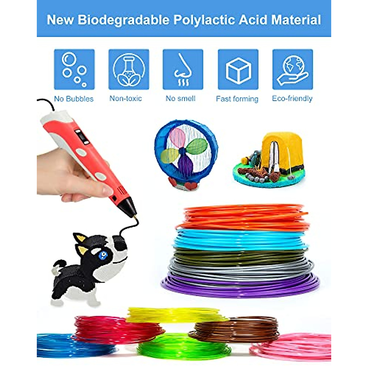 3D Pen PLA Filament Refills, 20 Colors 1.75mm Premium Printing Filament for 3D Printer and 3D Pen, Each Color 16 Feet, Total 320 feet, with 2 Finger Caps by RIEOS